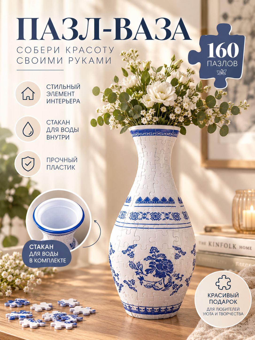 3D-пазл-ваза «фарфор с синей росписью», 160 деталей, развивающий набор, декор и подарок, подходит для живых цветов.