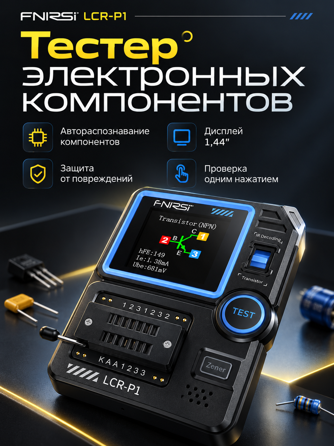 Тестер электронных компонентов FNIRSI LCR-P1, измеритель ESR конденсаторов и транзистортестер