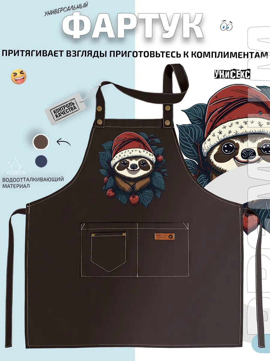 Фартук Ленивец Sloth Новый Год Праздник Веселье кухонный с принтом универсальный