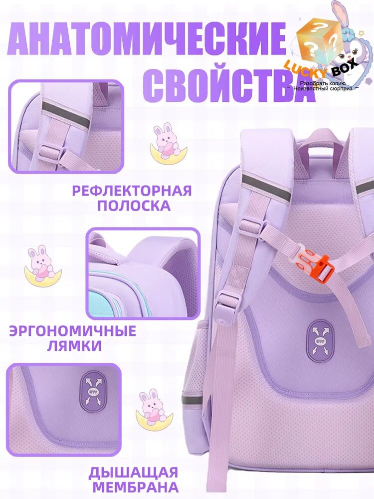Рюкзак школьный ортопедический для девочек 3-7 классов фиолетовый с принтом — фото 1