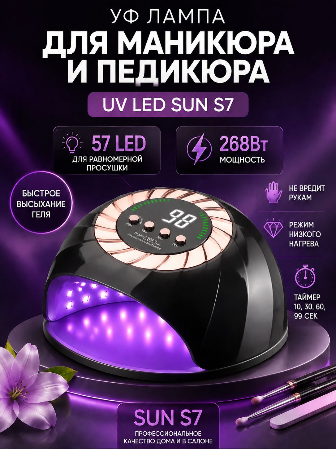 Лампа профессиональная для маникюра нового поколения гибрид UV LED SUN S 7 268 Вт для маникюра и педикюра черная для сушки ногтей