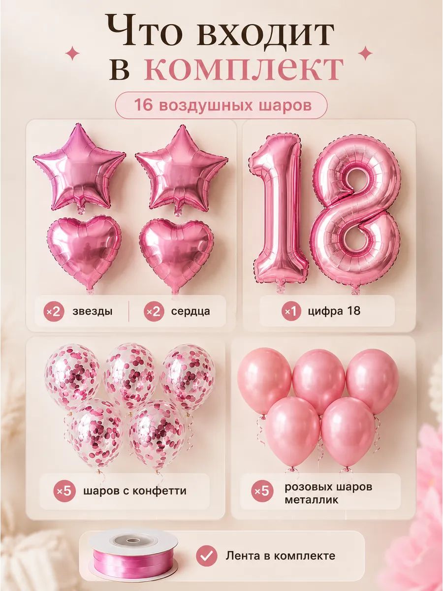 Воздушные шары на 18 лет с розовой цифрой