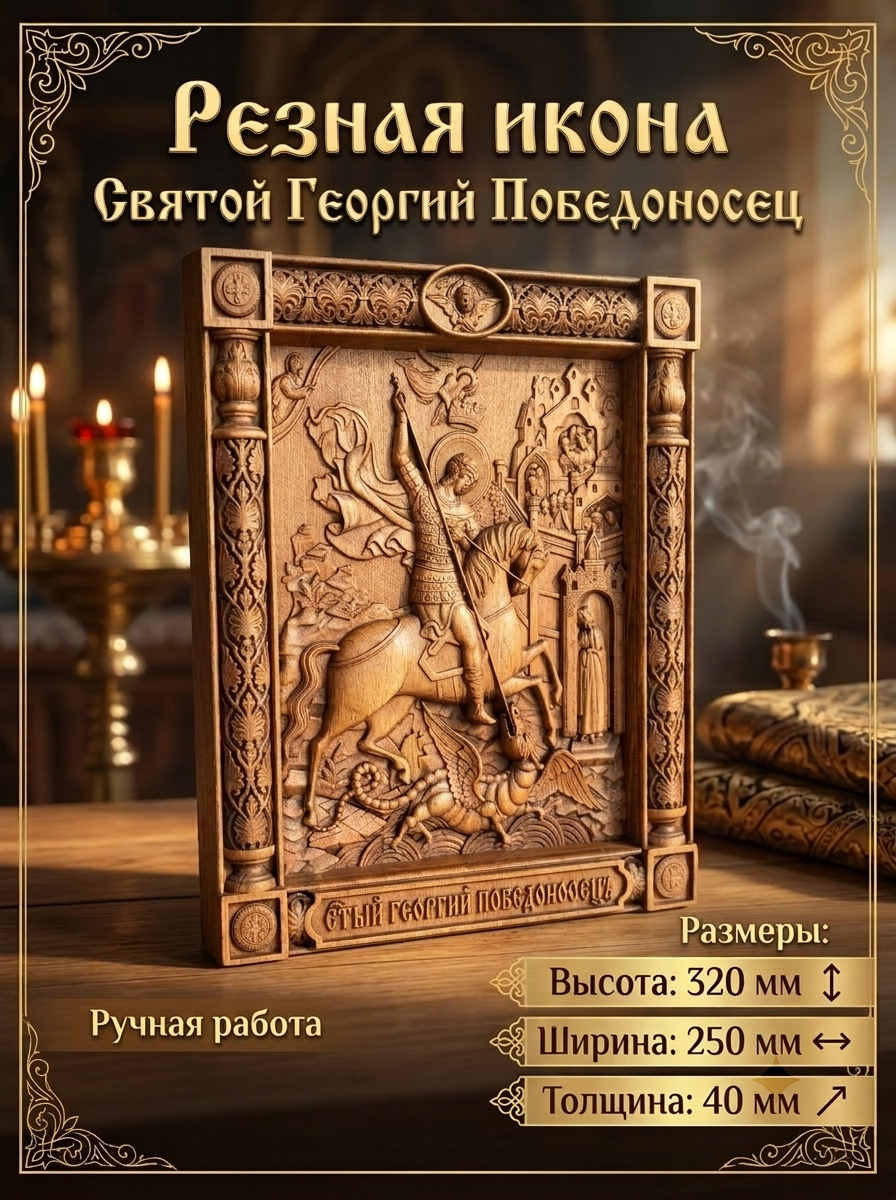 Икона "Георгий Победоносец" резная из древесины Кавказского горного бука.