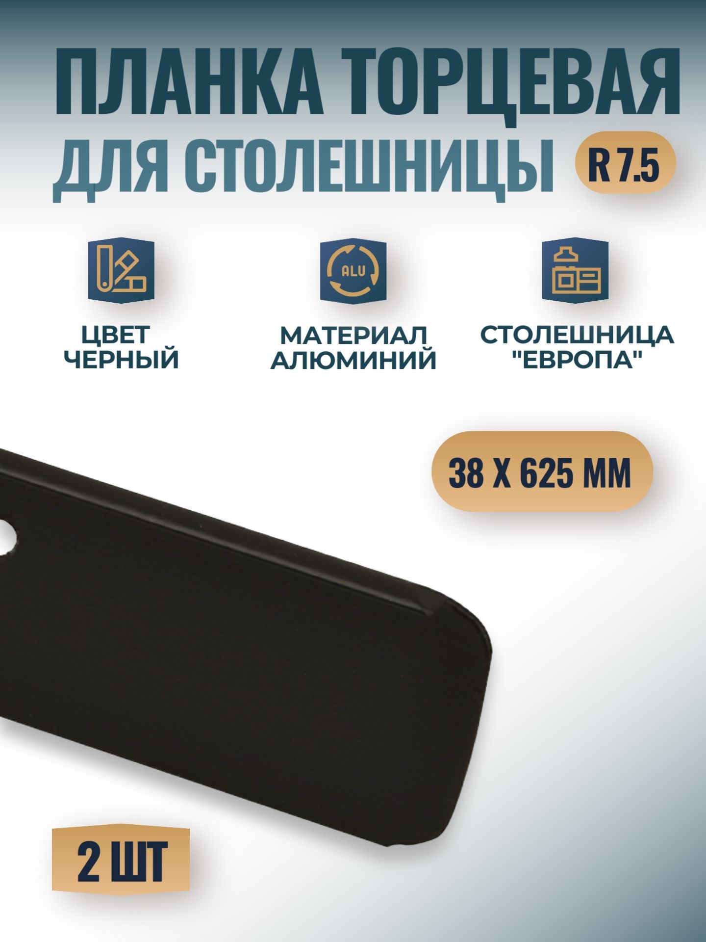 Планка торцевая универсальная для столешницы "Европа" 38х625мм, R7.5 - черная, 2 шт.