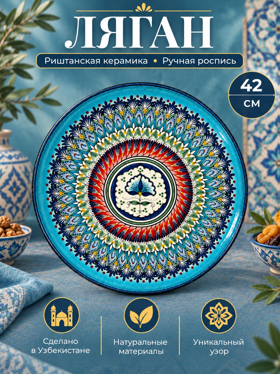 Блюдо Ляган, Узбекская посуда, Узбекская тарелка, Риштанская Керамика, 42 см, сепма голубой