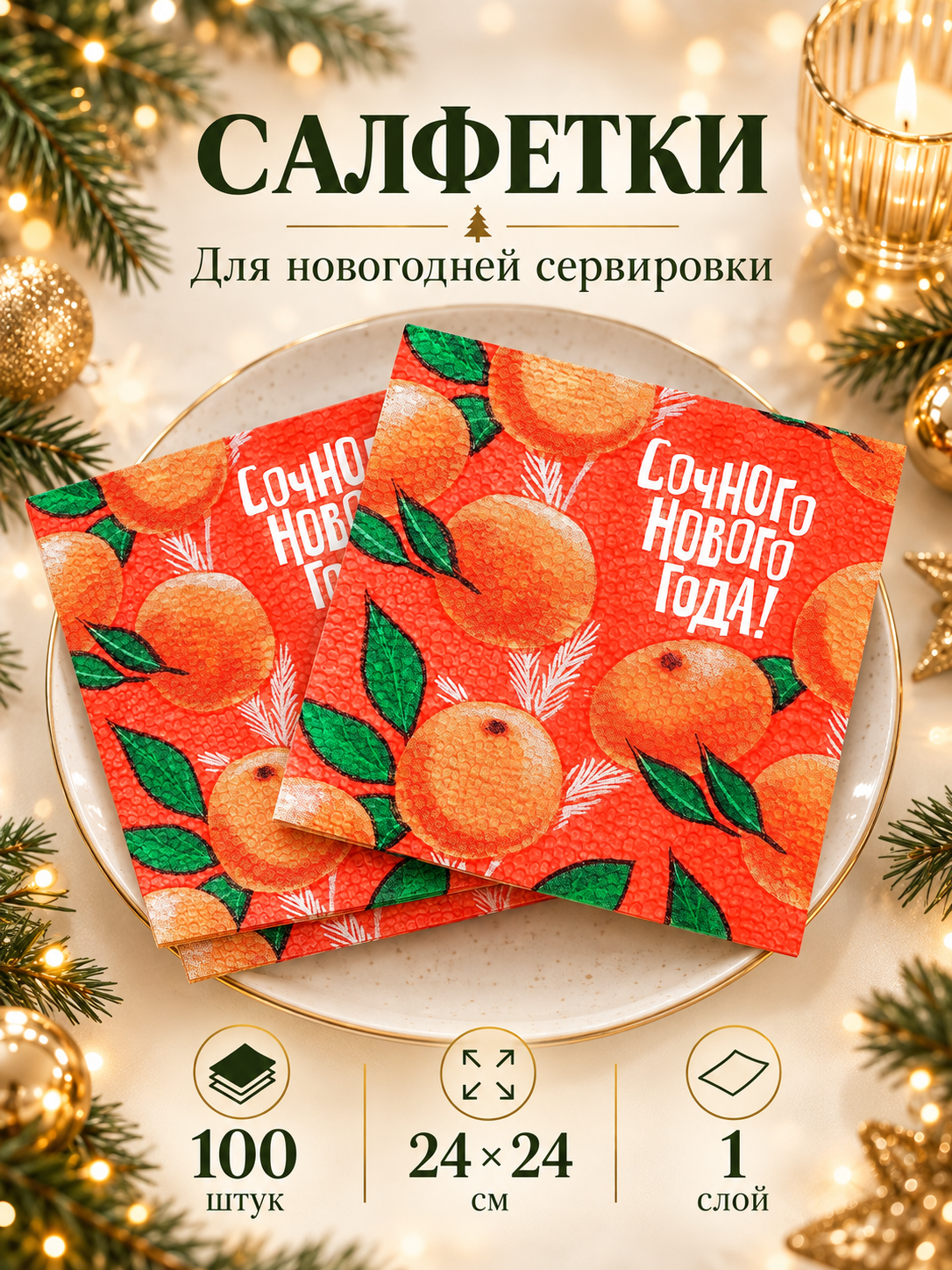 Салфетки бумажные новогодние «Сочного Нового года», 24 см, 100 шт.