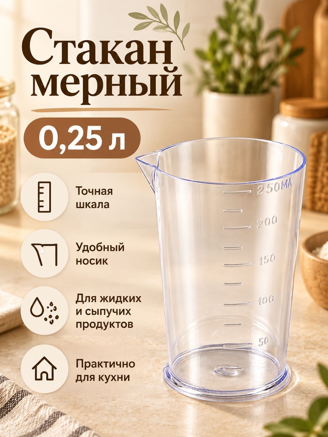 Стакан мерный 0,25 л с носиком, прозрачный