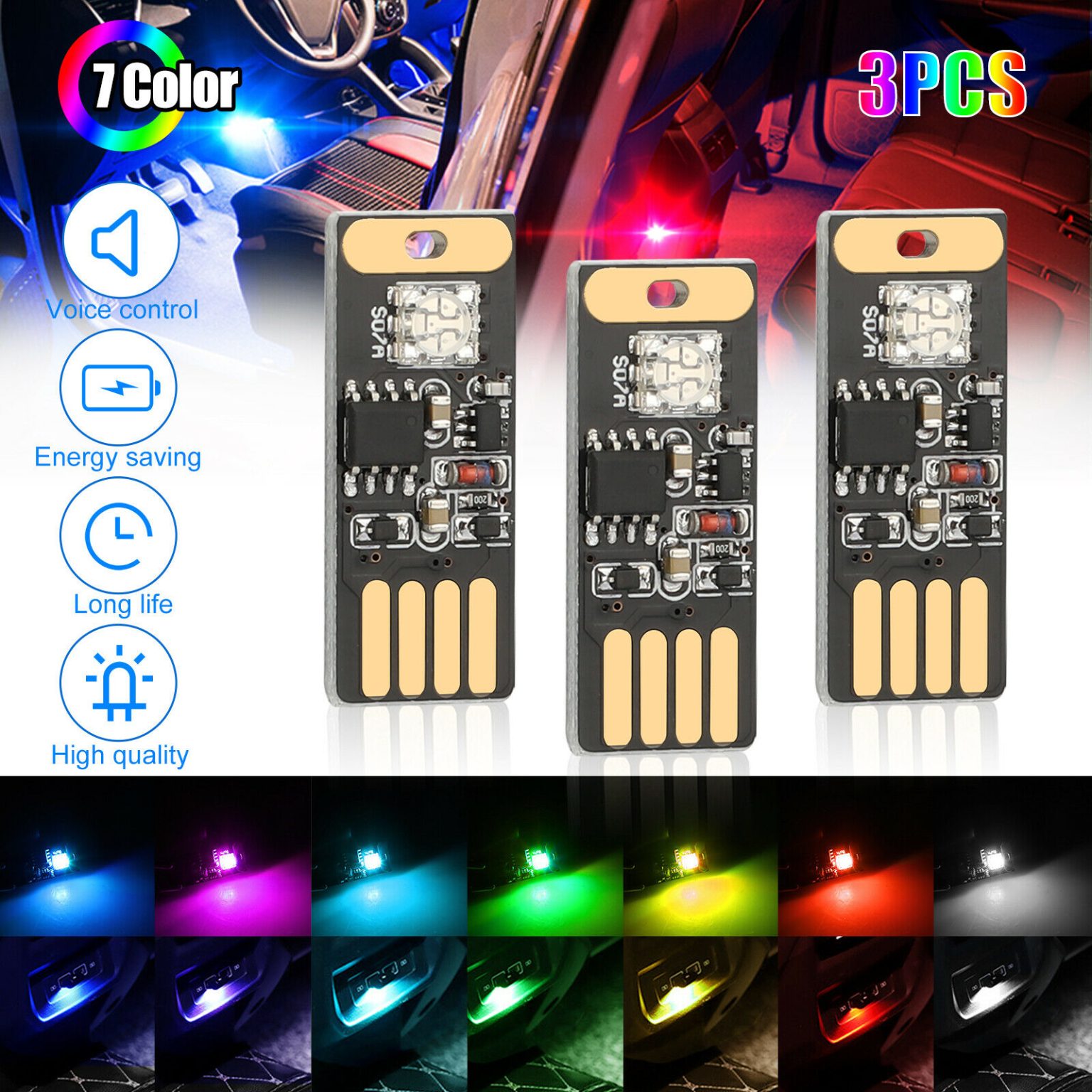 3 мини-светодиодных RGB-подсветки салона автомобиля с USB-подключением, неоновая подсветка для создания атмосферы.