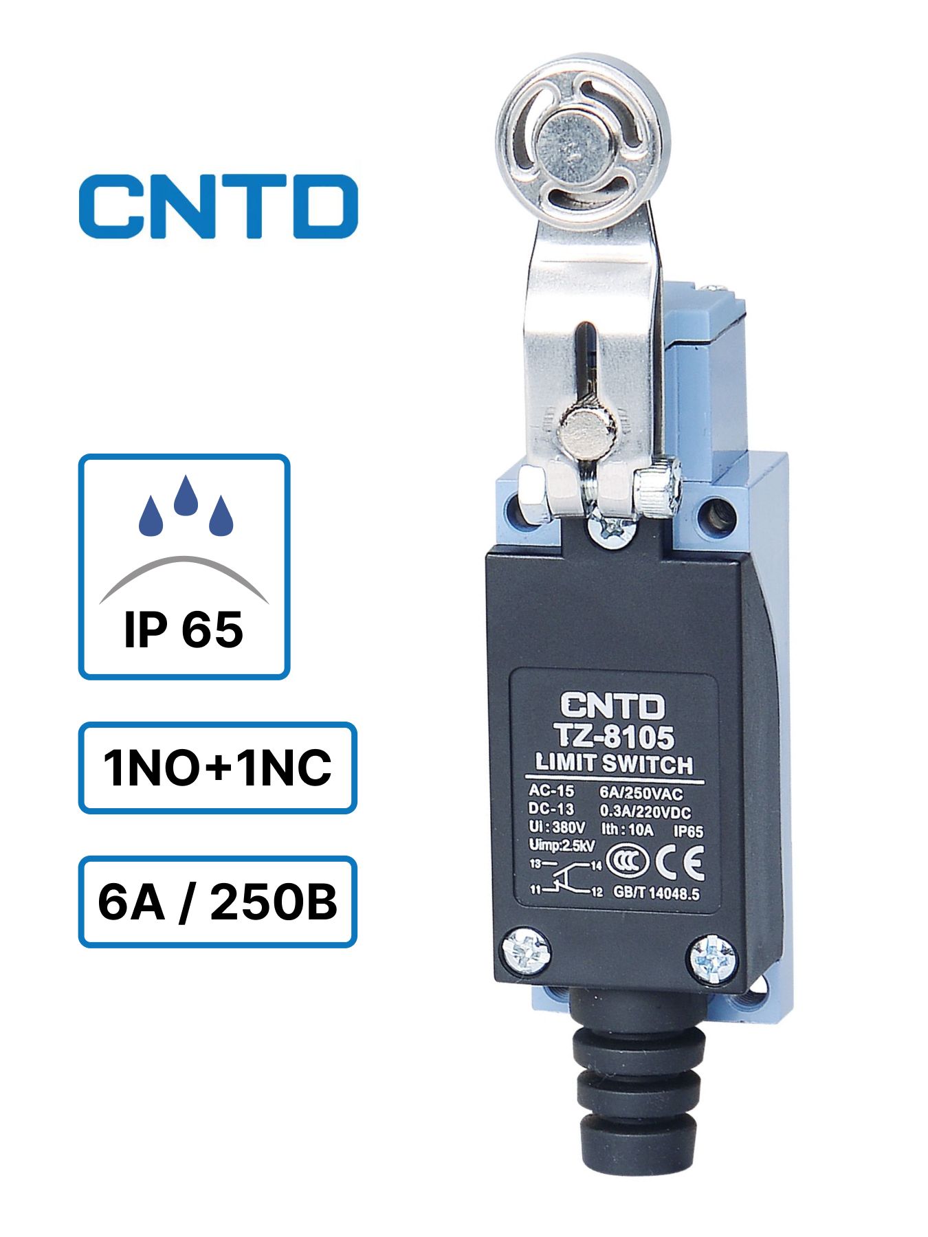Концевой / путевой выключатель TZ-8105 рычаг со стальным роликом CNTD, 6А 250V, IP65, 1NO+1NC