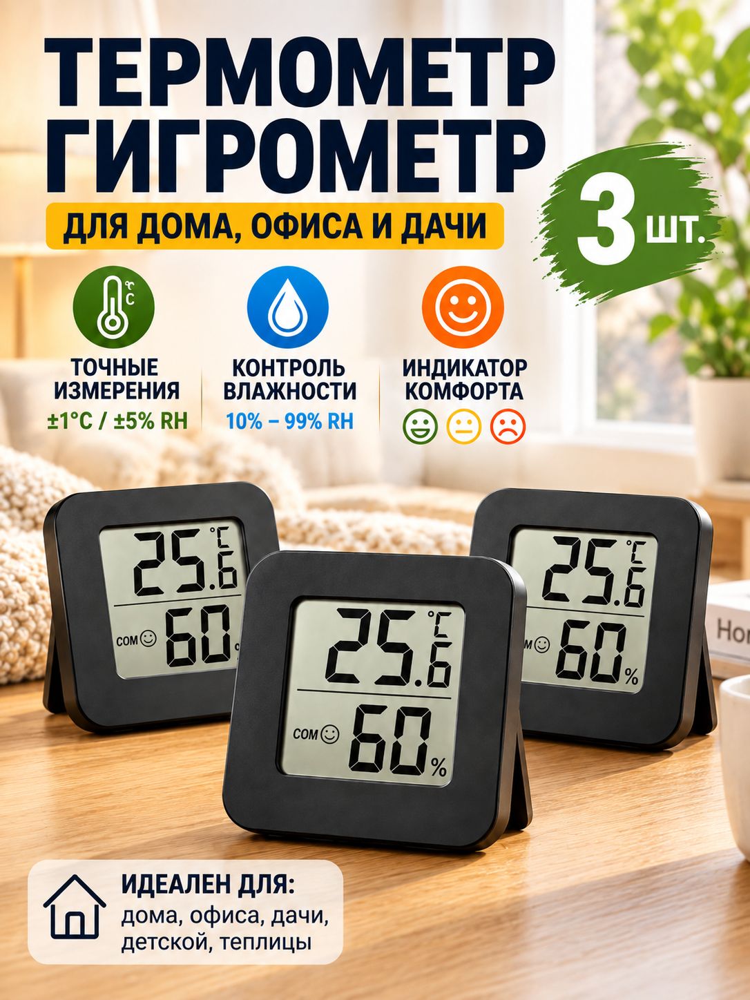 Термометр гигрометр комнатный электронный с беспроводным датчиком температуры и влажности для дома, офиса, дачи, домашняя метеостанция, мини градусник цифровой