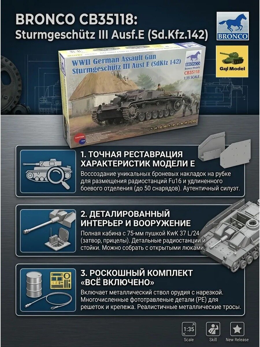Сборная модель Bronco 1/35 немецкое САУ StuG III Ausf.E, 500 деталей