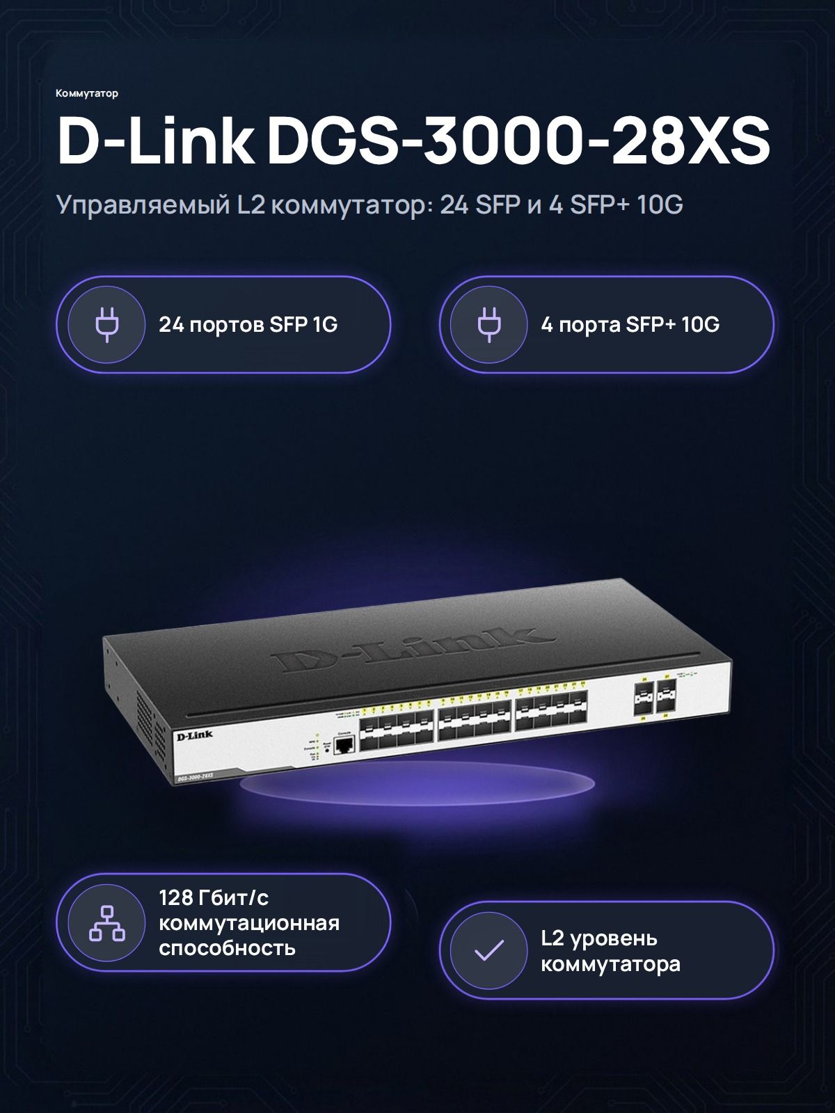 Коммутатор D-Link DGS-3000-28XS/B1A управляемый L2, 24 порта SFP 1000Base-X, 4 порта SFP+ 10G, 1U