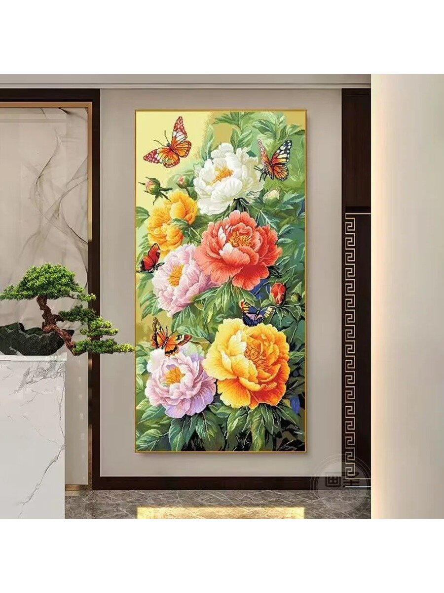 Вышивка крестиком, Пион, 70*122 см, Размеры, мм 700*1220, Цвет зеленый, фуксия, коралловый
