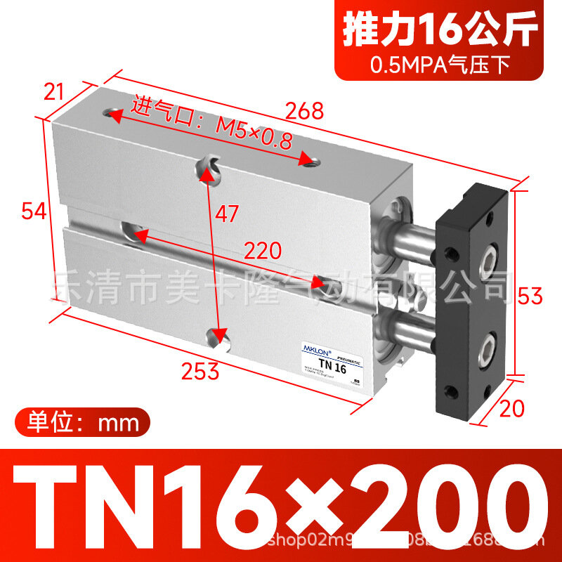 TN16x200 Тонкий пневмоцилиндр с двумя штоками, ход 200 мм, пневмоэлемент