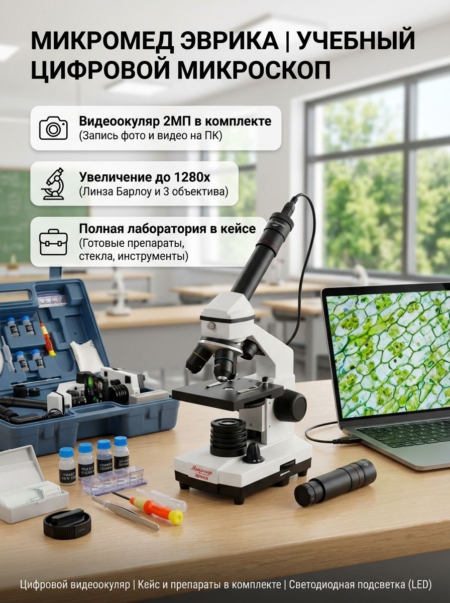 Школьный микроскоп Микромед Эврика 40х-1280х