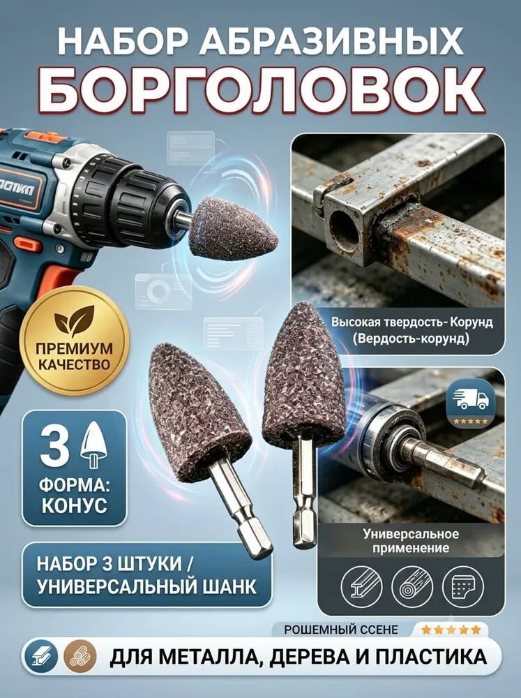 Набор абразивных шарошек 3 шт, коническая шлифовальная головка по металлу для дрели и шуруповерта, корундовый шлифовальный круг с шестигранным хвостовиком 6.3мм