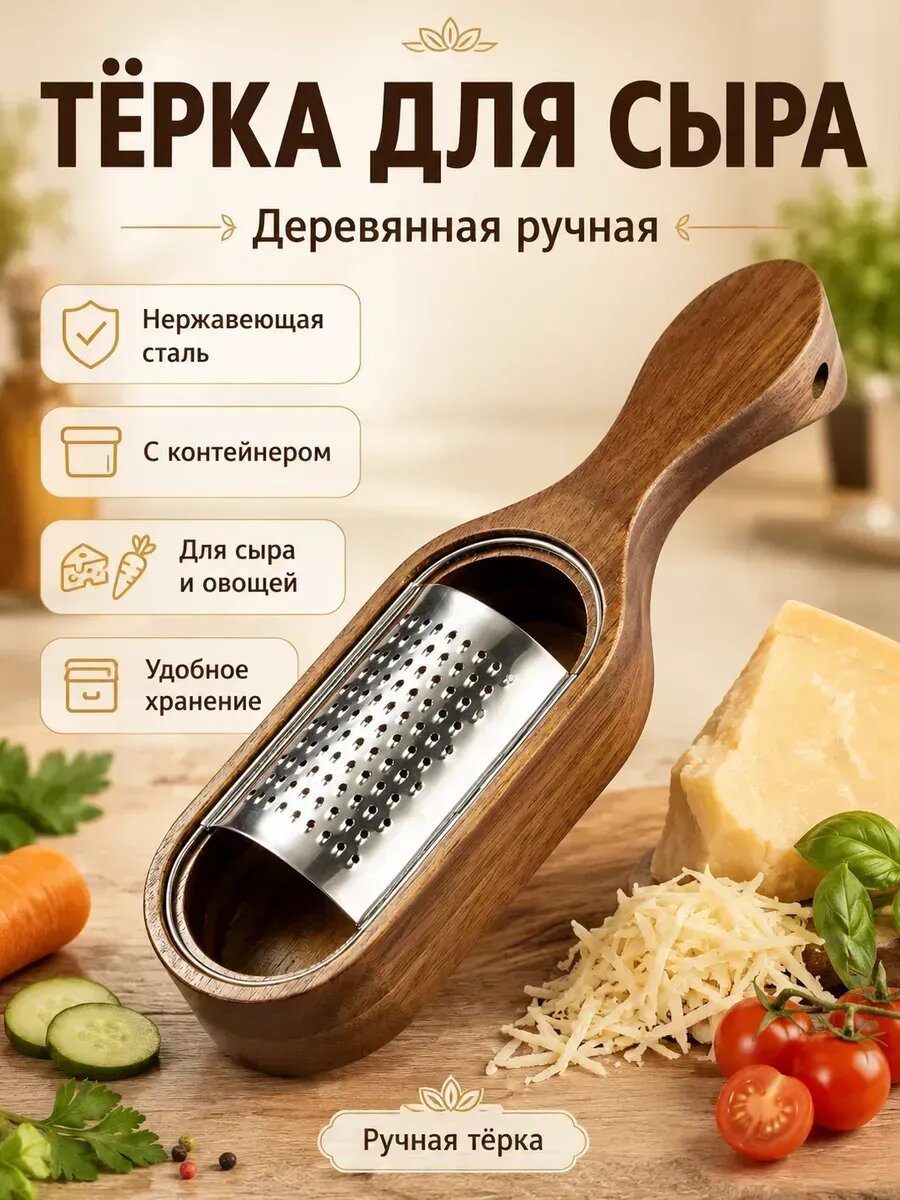 Терка деревянная для сыра и овощей с контейнером