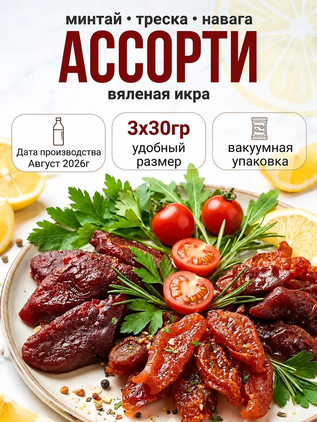 Набор вяленой икры минтай, треска, навага Удобный формат 3х30 г Вакуумная упаковка Подарок к пасхе, высокобелковая закуска