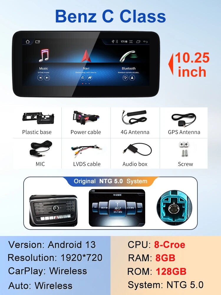 Android 13 CarPlay 10.25" для Mercedes Benz C Class