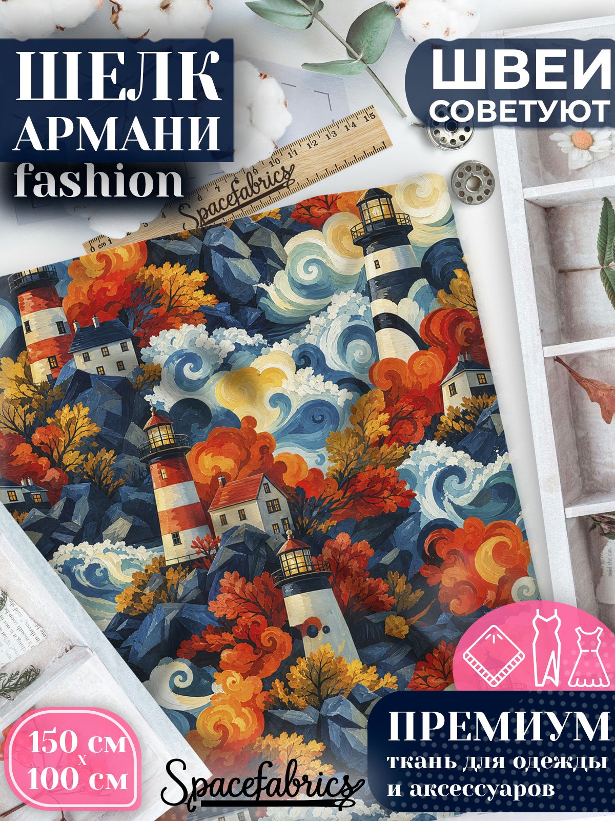 Ткань для шитья шелк Армани, искусственный атлас шелк для костюмов, платьев, юбок с принтом Морские маяки