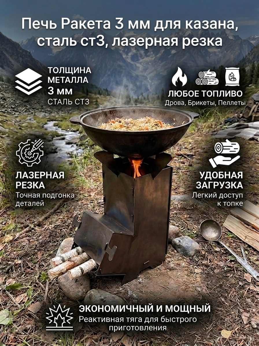 Печь ракета разборная походная из металла для казана 3 мм