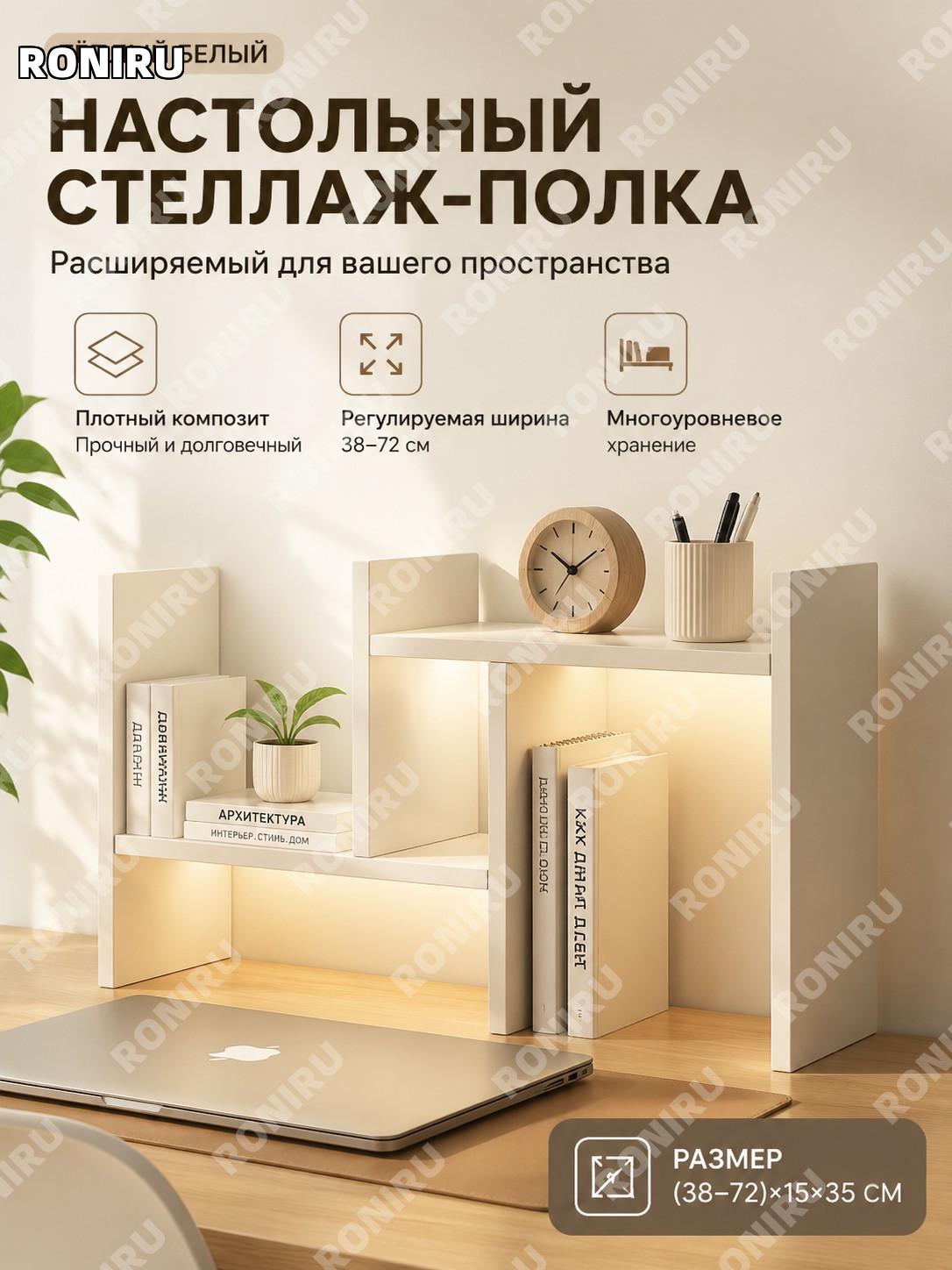 Настольный стеллаж для книг и вещей 38–72×15×35 см, раздвижной, теплый белый, из высокоплотной композитной плиты