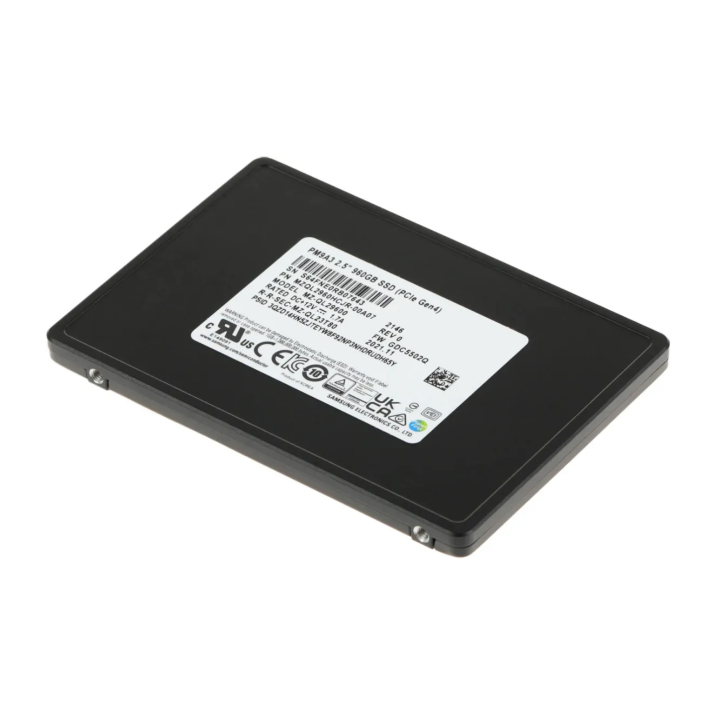 SSD-накопитель Samsung MZQL2960HCJR-00A07, 960ГБ, форм-фактор 2.5", PCIe Gen4 x4, NVMe 1.4, черный