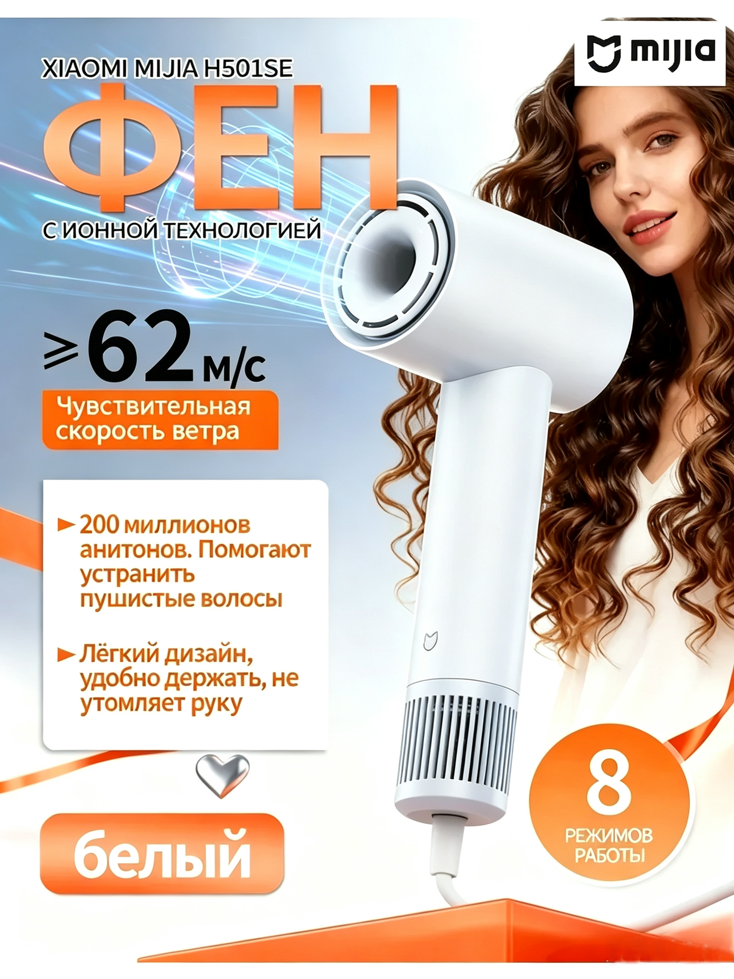 Фен для волос Xiaomi Mijia H501SE, ионизация, 1600Вт, 4 режима, 2 скорости