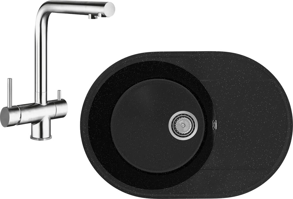 Комплект Мойка Practik PR-M-610-004 61x47, черный оникс, искусственный мрамор / Смеситель Lava SG14 CR глянцевый хром, глянцевый хром