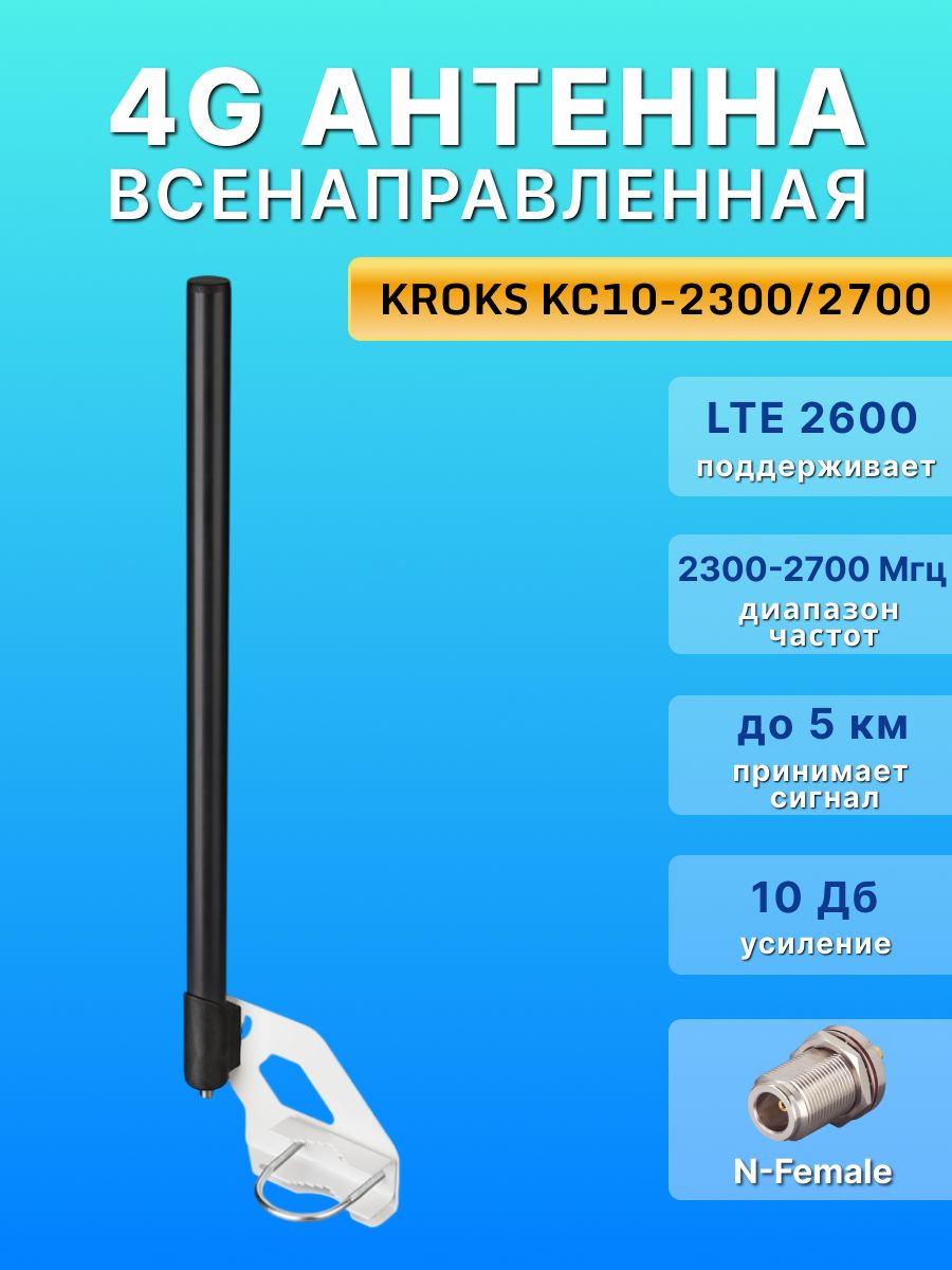 Антенна всенаправленная круговая, усиление 10 Дб для роутера, крепление на стену/мачту, 740 мм KROKS KC10-2300/2700 (N-female)