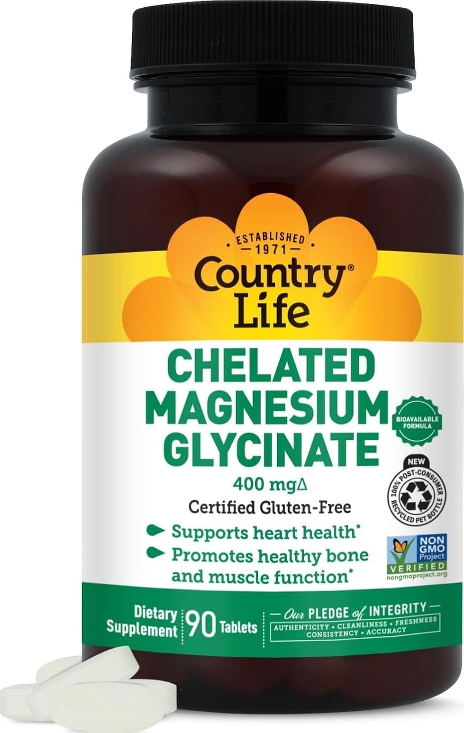 Магний, Country Life, Chelated Magnesium Glycinate, Магний глицинат в таблетках, 400 мг, 90 шт.