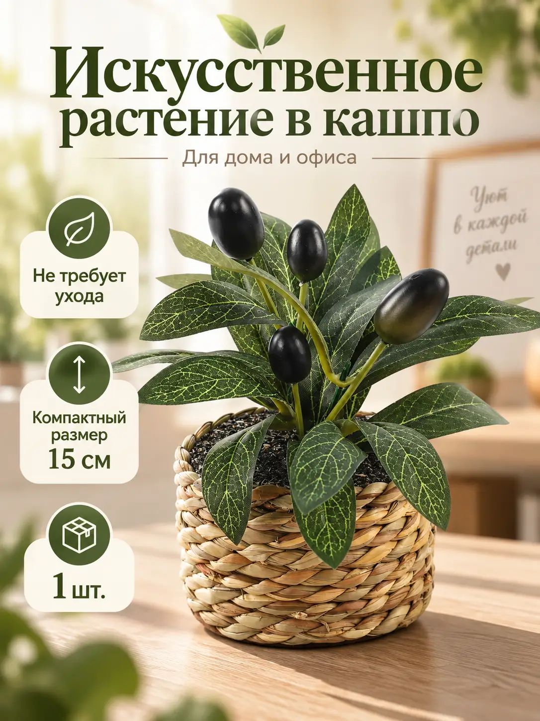 Искусственное оливковое растение в кашпо, декоративный цветок для дома и офиса, высота 15 см