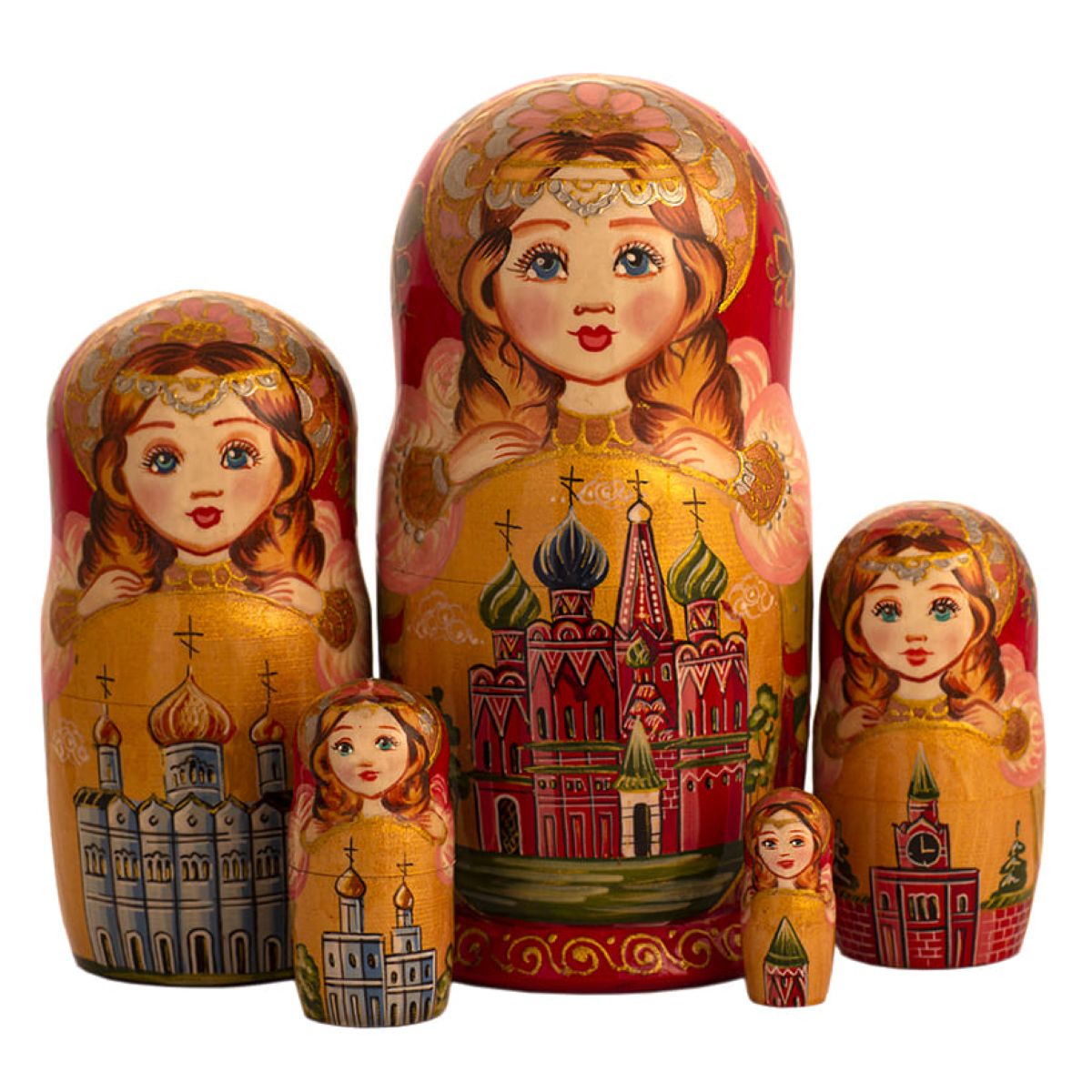 Матрешка деревянная авторская Москва золотой фон 5 мест 16 см