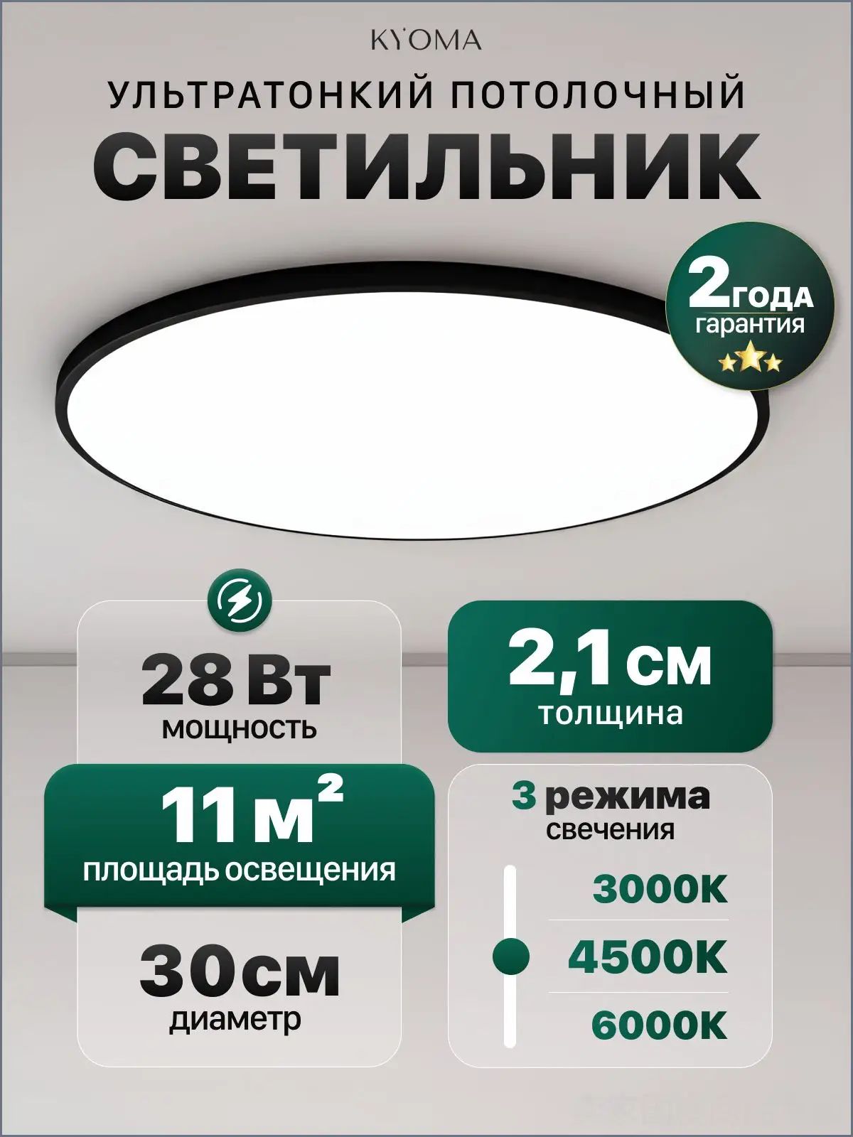 Люстра потолочная светодиодная, лампа потолочная в ванную, светильник на кухню 28Вт, 30см, черный