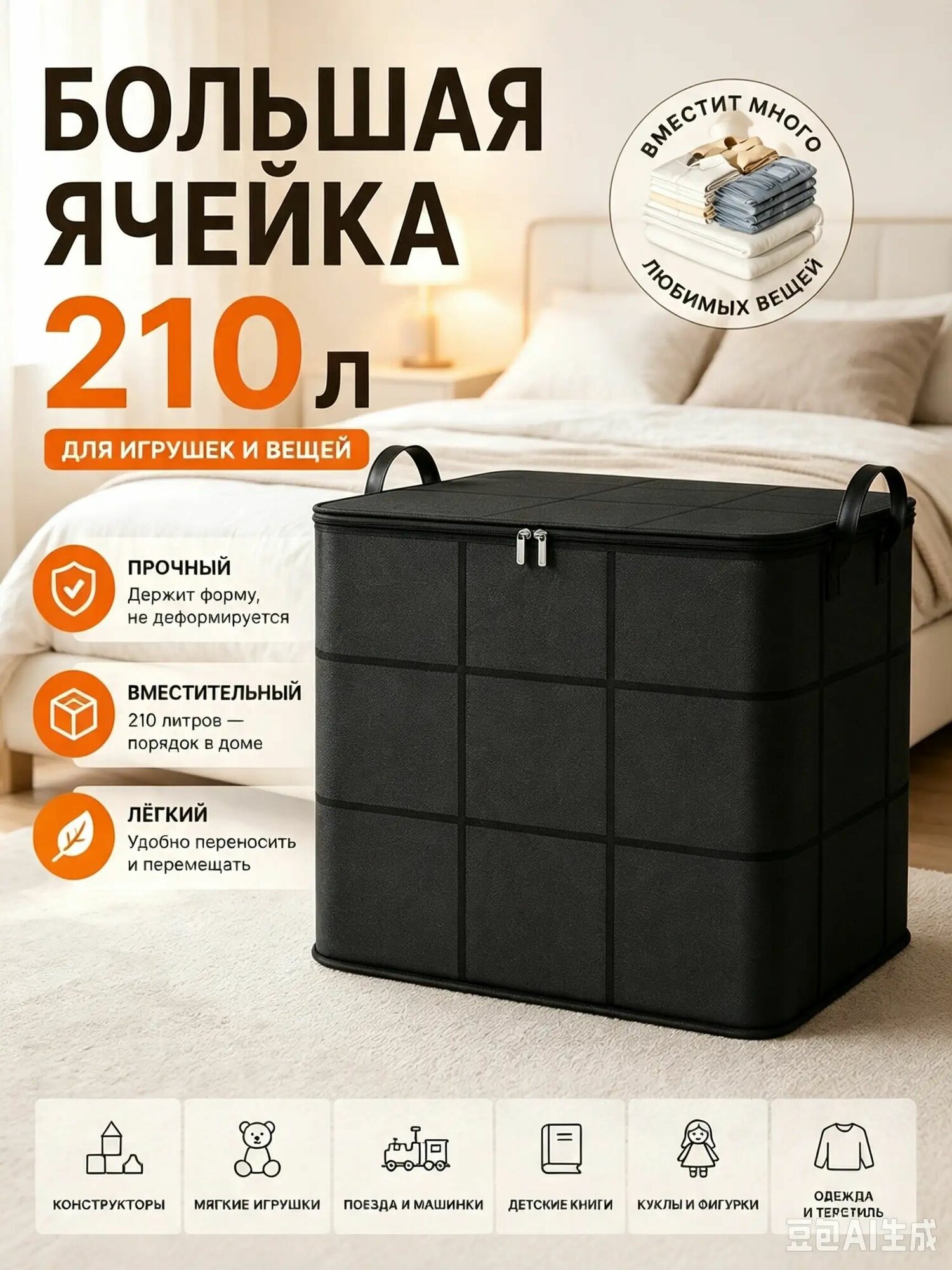 Коробка для хранения длина 50 см, ширина 40.2 см, высота 50 см, 1 шт, нетканое волокно, черный