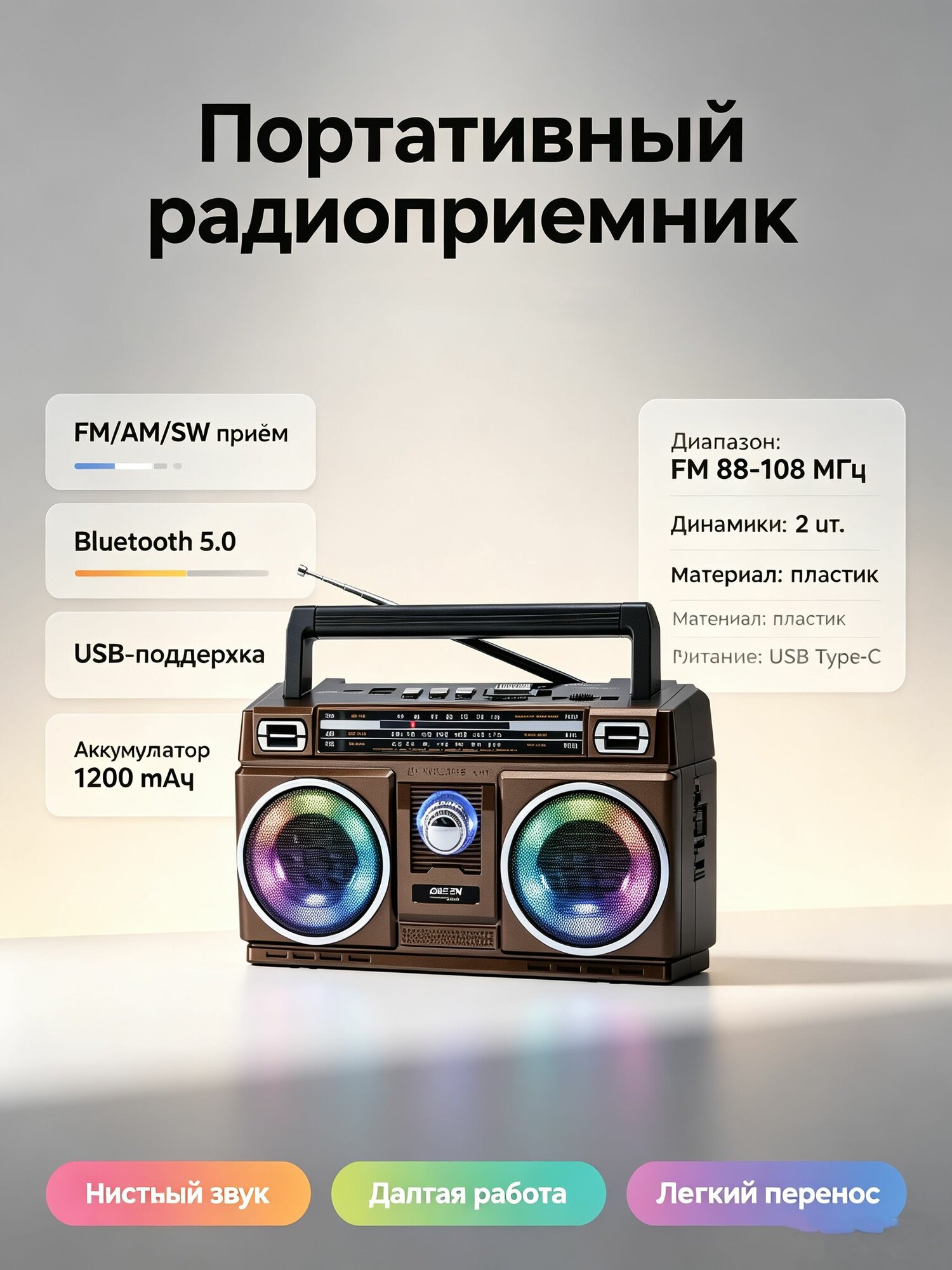 Радиоприемник ретро радио с аккумулятором, Bluetooth, MicroSD, USB для флешки