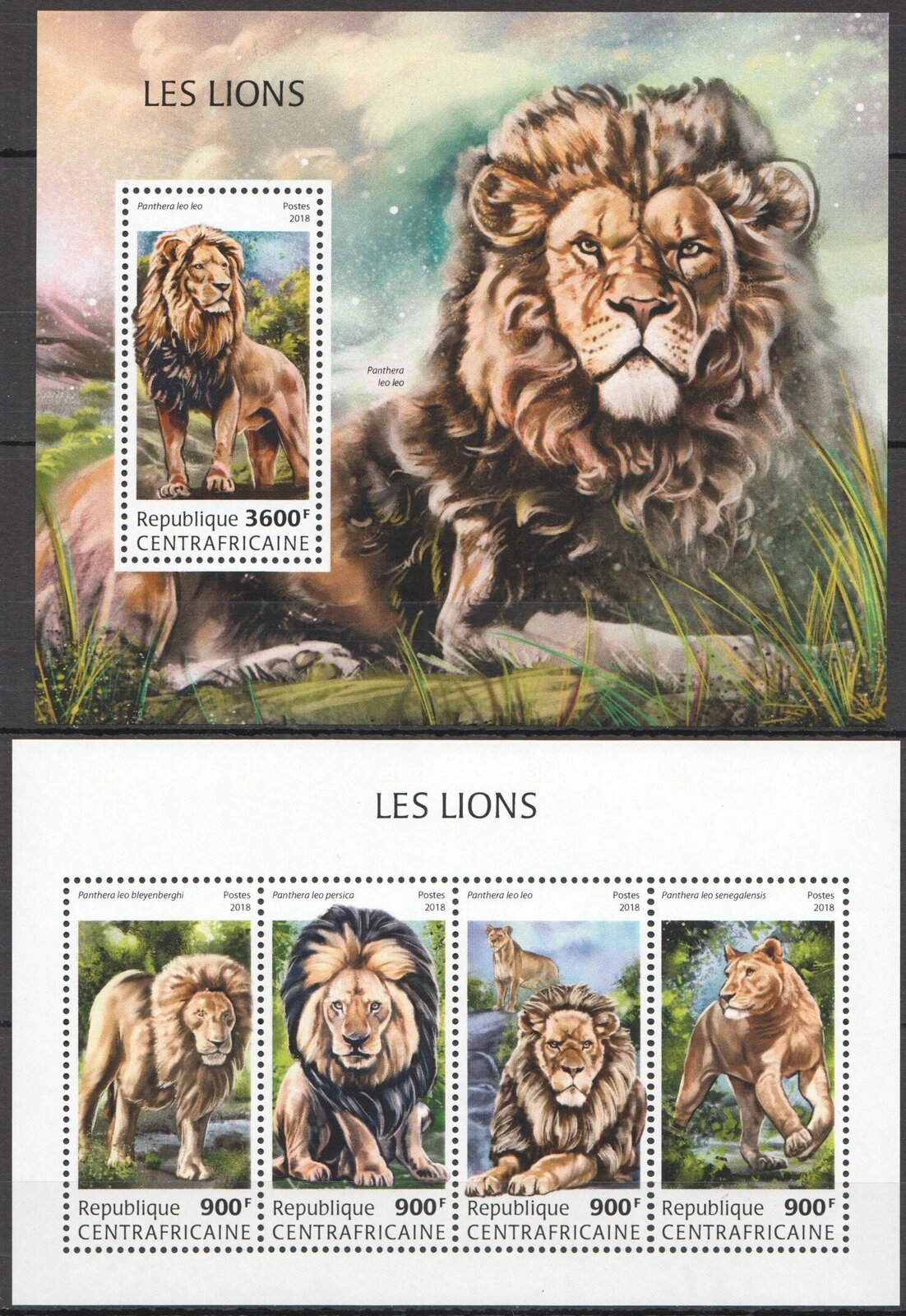 Марки 2018 год ЦАР Львы Хищные животные Фауна #7952-5+Бл1790 MNH