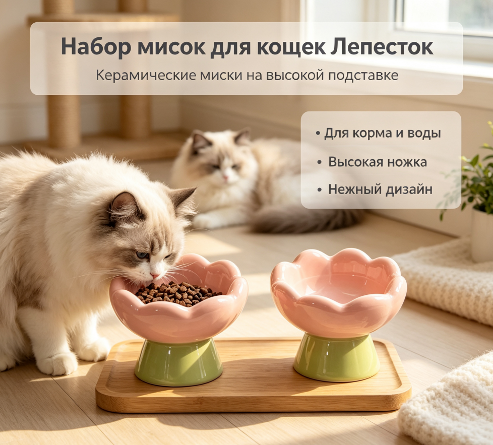 Керамическая миска для кошек на высокой ножке с бантом и лепестками, миска для еды и воды, защита шеи