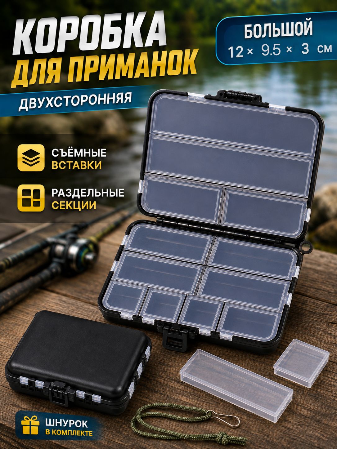 Коробка для рыболовных приманок двухсторонняя, органайзер для воблеров, блесен и крючков, черная, большая