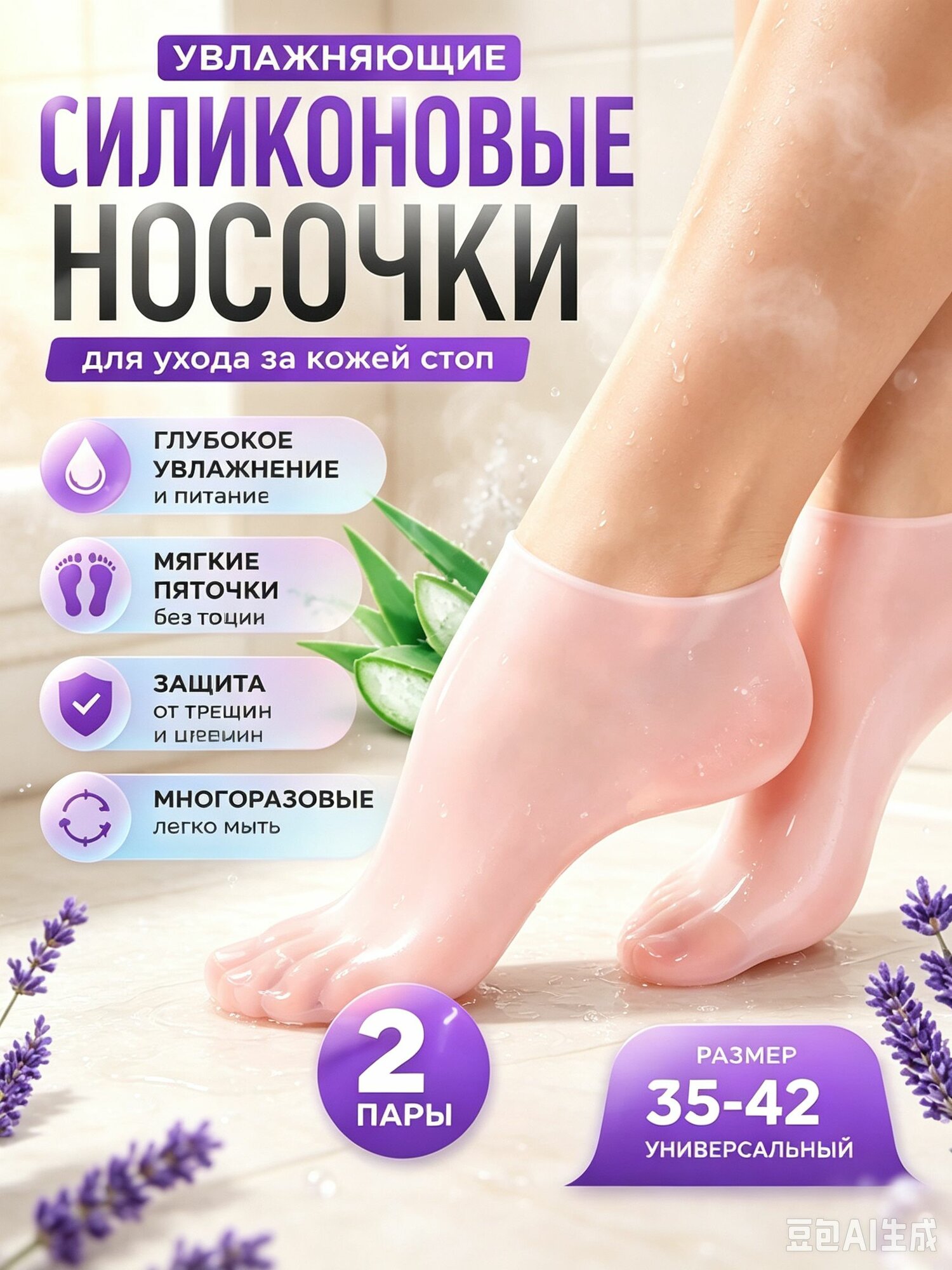 Силиконовые носочки для ног многоразовые, увлажняющие от сухости и трещин пяток, 2пары