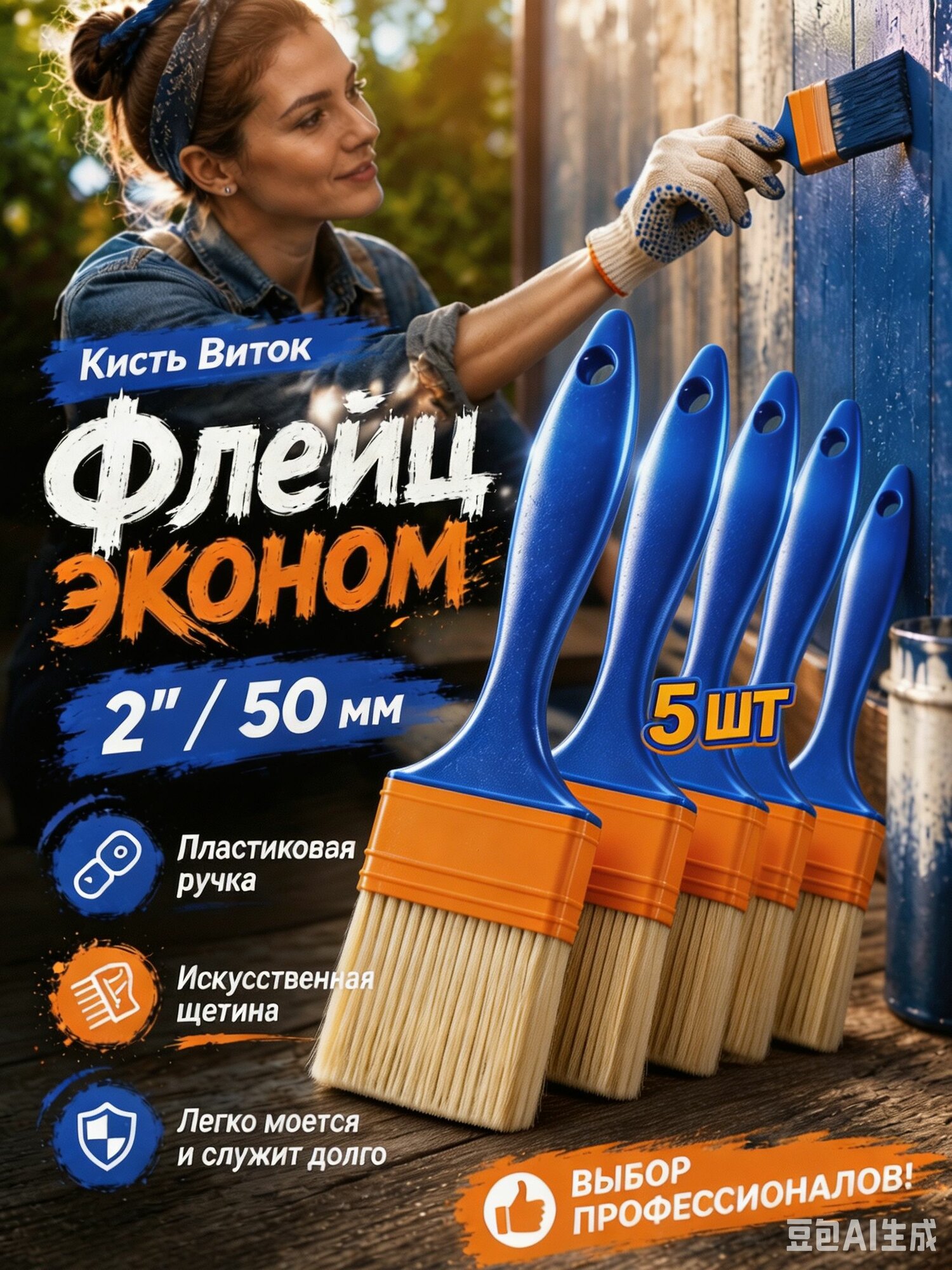 Кисть малярная 50 мм, 2 дюйма, с пластиковой ручкой, искусственная щетина, для покраски стен и дерева, 5 шт, сине-оранжевая
