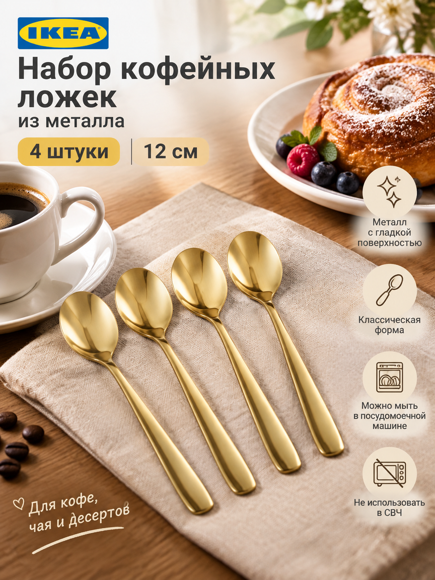 Набор кофейных ложек из металла, 4 штуки, 12 см, латунный цвет — для кофе и десертов
