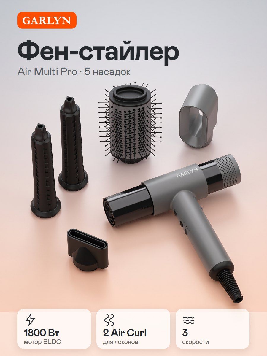 Фен-стайлер для волос GARLYN Air Multi Pro 5 в 1, 1800 Вт, BLDC, 2 насадки Air Curl для локонов с эффектом Коанда, щетка для объема, 2 концентратора, ионизация