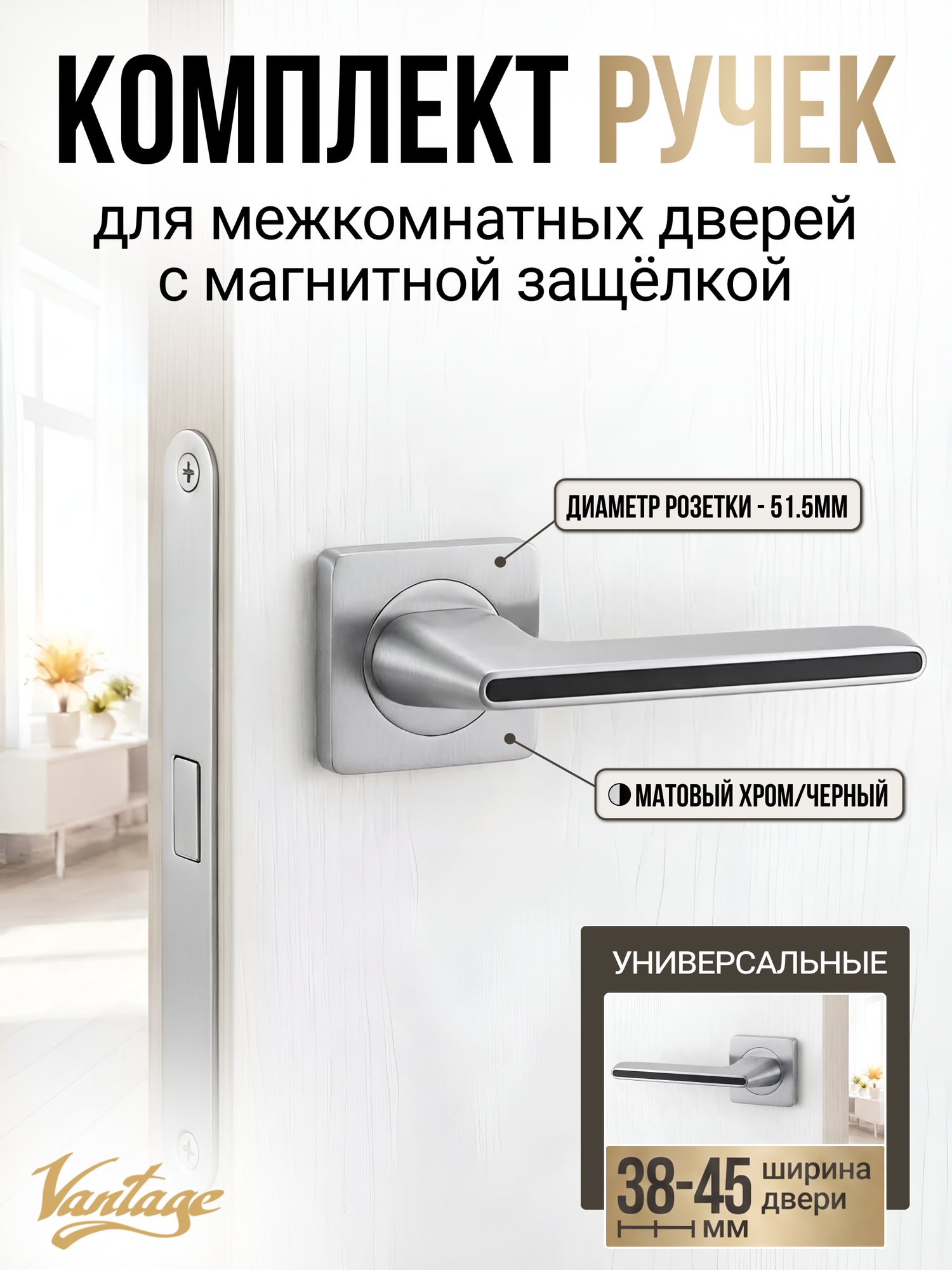 Ручка дверная межкомнатная с магнитной сантехнической защелкой комплект, алюминиевый сплав, матовый хром/черный