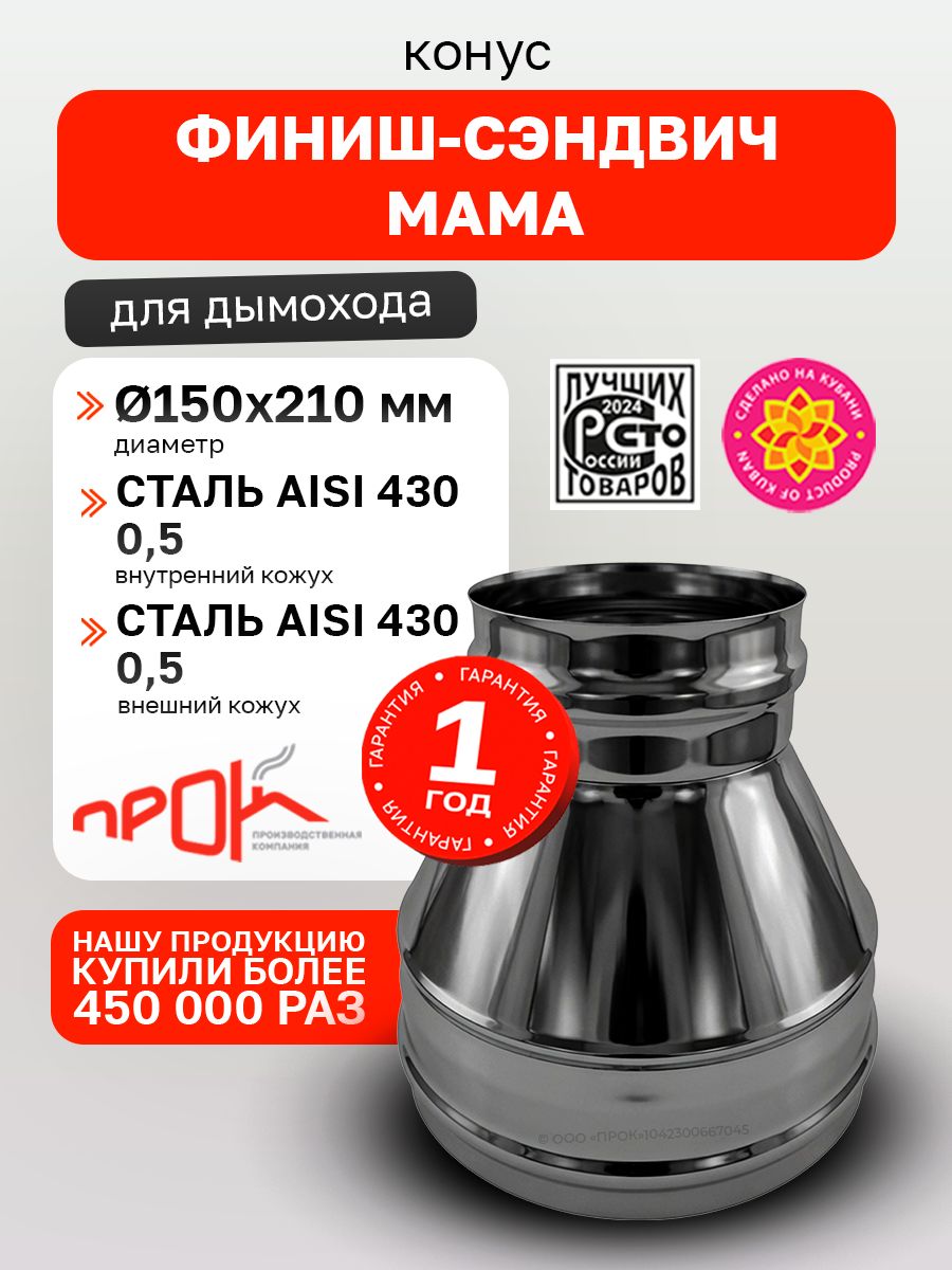 Финиш сэндвич мама для дымохода D 150x210 мм (0,5/430*0,5/430) нерж/нерж "Прок"