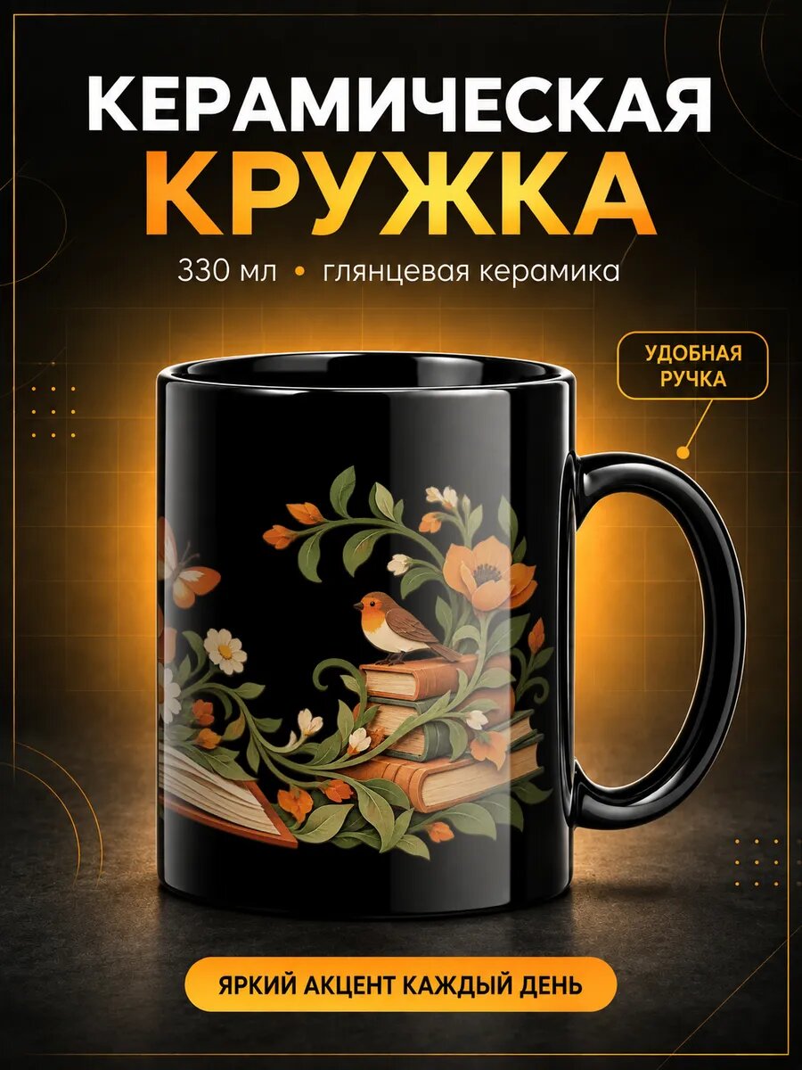 Кружка керамическая TOP CUP, Книжный садовник, чёрная, 330 мл