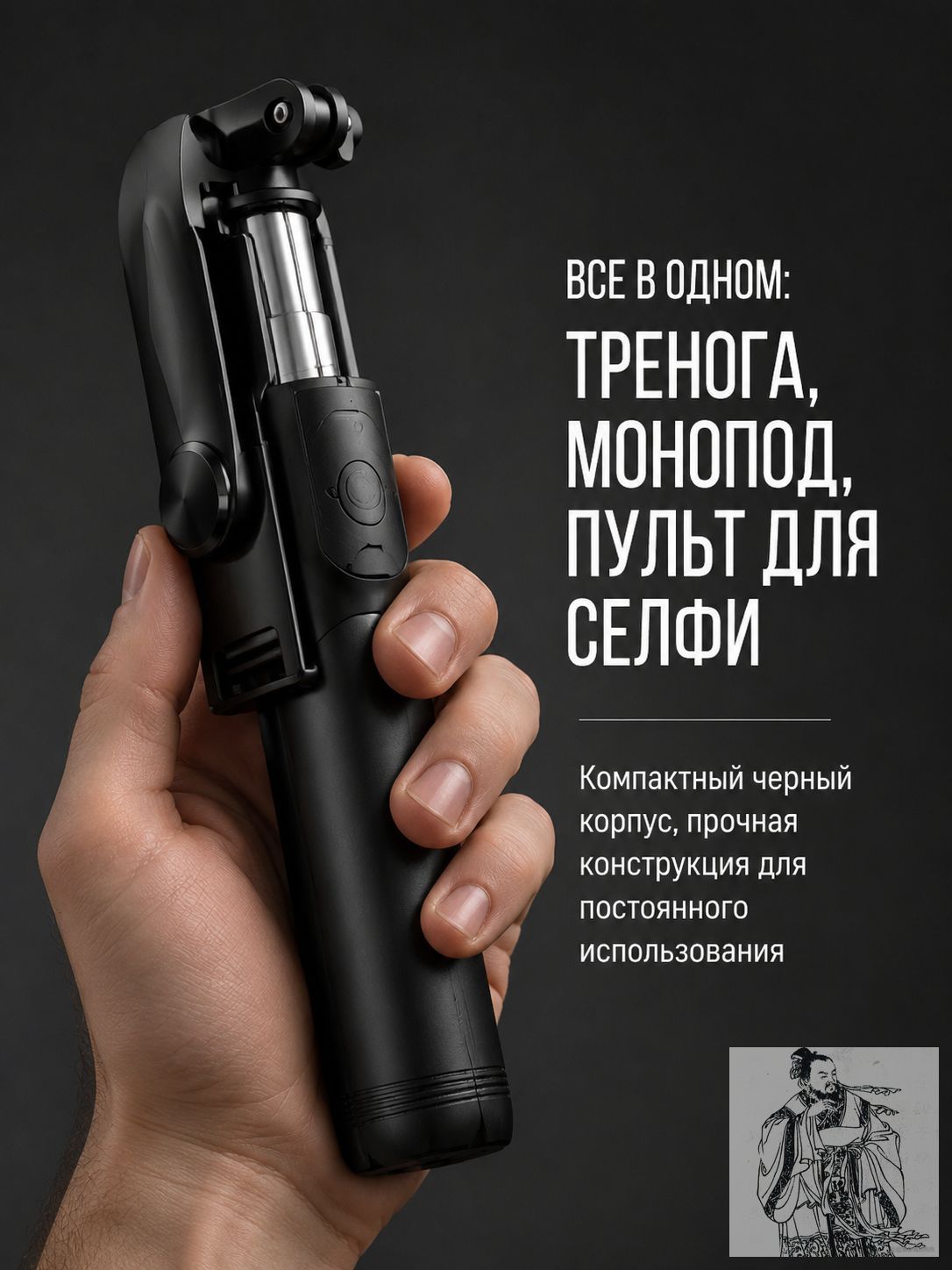 Телескопическая селфи-палка чёрная, длина 100 см