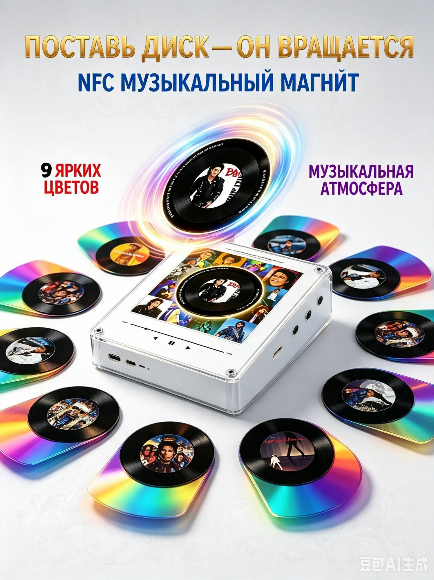 Мини-винил плеер с эффектом вращения диска, NFC поддержка, 9 дисков, возможность загружать свою музыку, кастомный подарок для меломанов