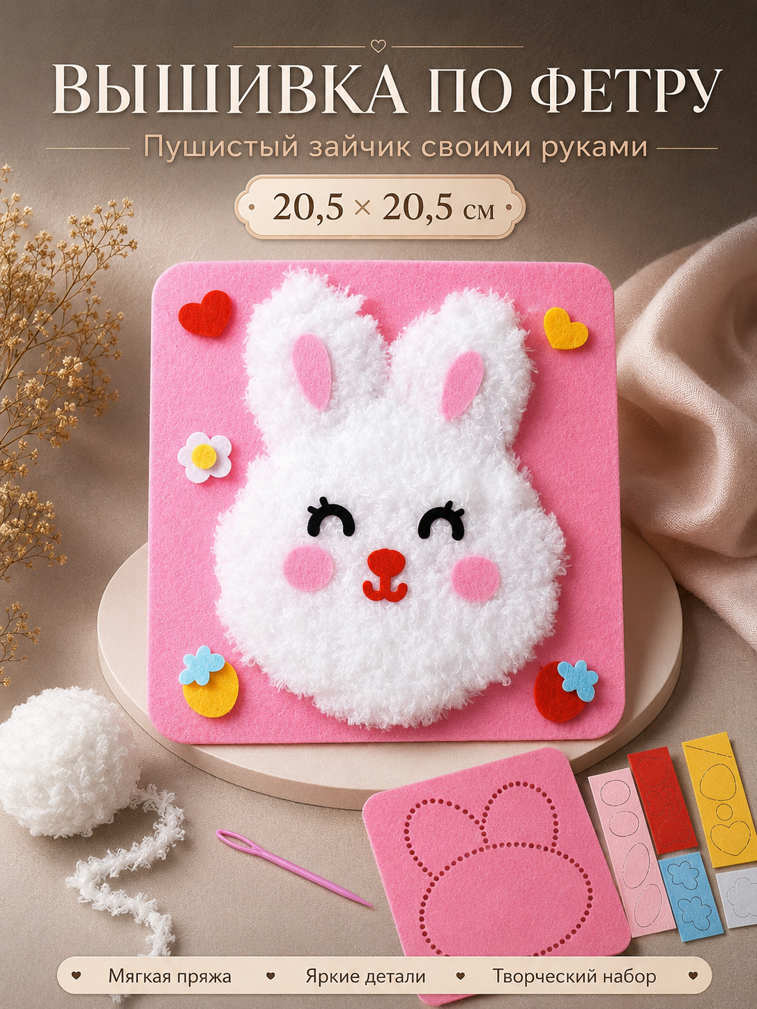 Вышивка по фетру "Зайка", 20,5 х 20,5 см, цвет розовый, от 7 лет