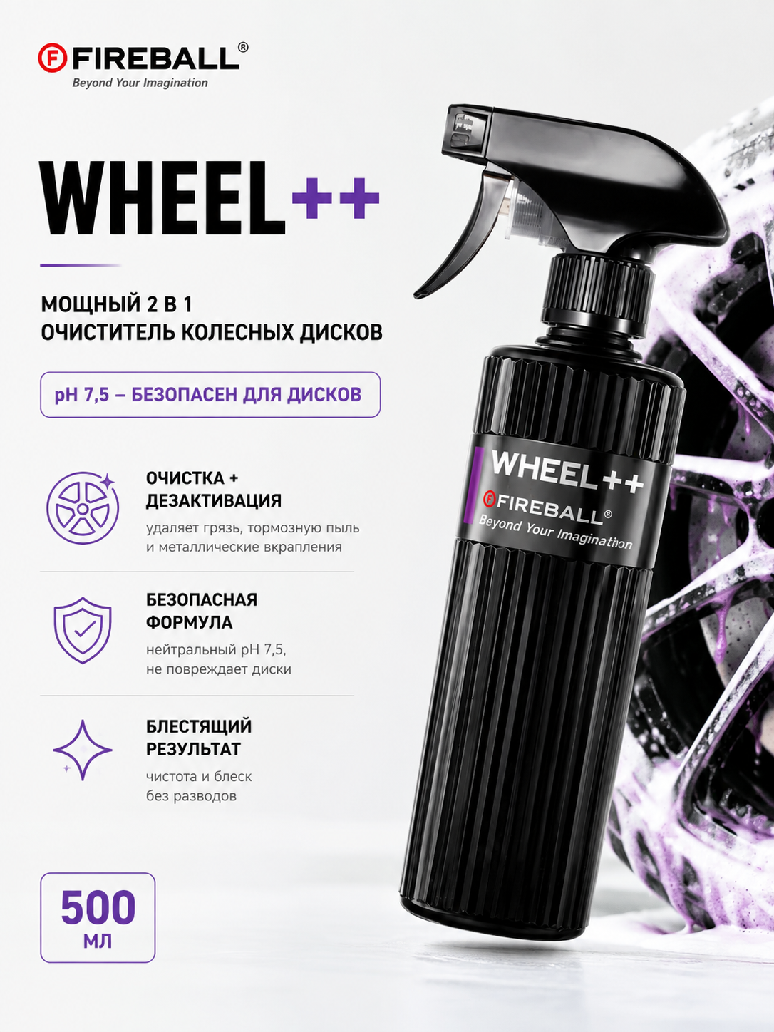 FIREBALL Мощный 2 в 1 очиститель колесных дисков Wheel++ PH7,5, 500 мл